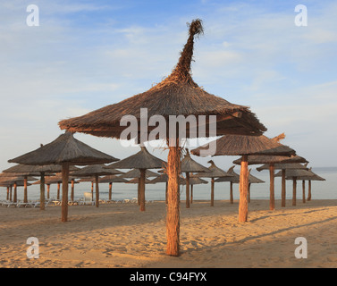 Thatched parasols on the beach at sunset Stock Photo - Alamy