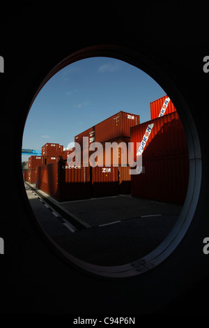 Cargo containers of Zim Israels biggest cargo shipping company stacked ...