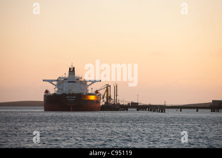 A Greek oil tanker docked at the Flotta oil terminal on the Island of ...