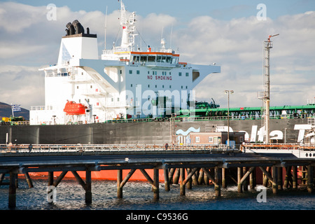 An oil tanker loading with crude oil at the Flotta oil terminal in the ...