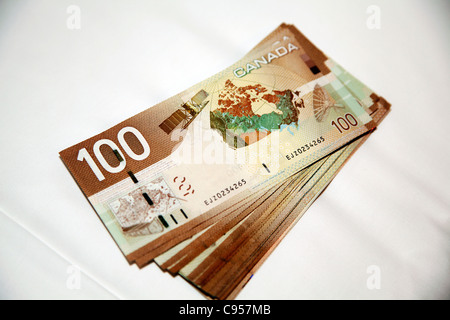 A stack of Canadian 100 dollar bills held in a hand in front of a hedge ...