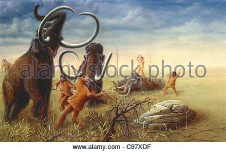 hunting, prehistoric times, hunting the mammoth, illustration, wood ...