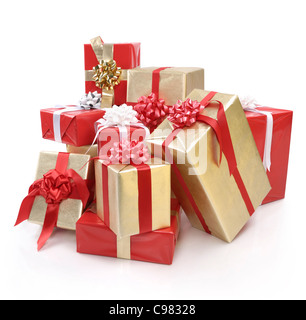Christmas gift boxes isolated on red background. Christmas celebration ...