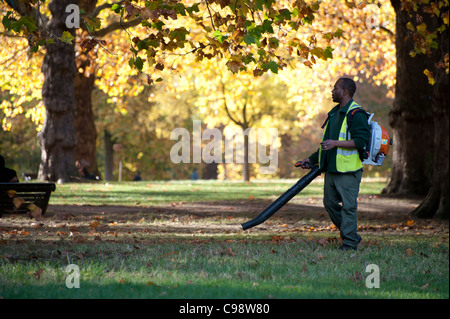 Worker in autumn park with a leaf blower Stock Photo - Alamy