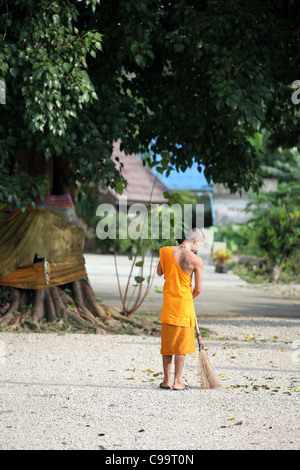 Buddhist monk sweeping temple grounds in the historic town of Galle ...