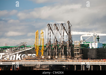 An oil tanker loading with crude oil at the Flotta oil terminal in the ...