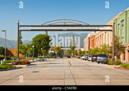 Sign for Old Town Monrovia, California above Myrtle Avenue and leading ...