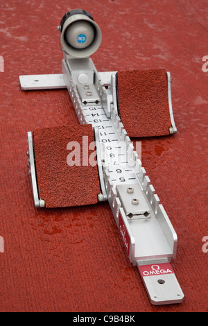 Starting blocks for runners with Omega timekeeping Stock Photo - Alamy
