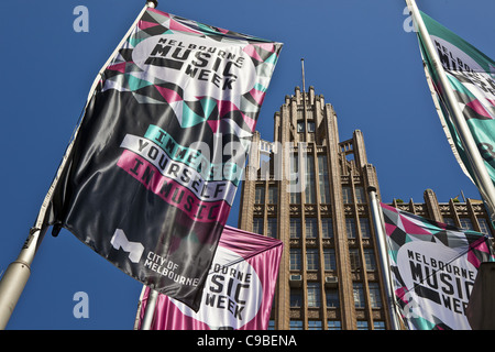 Melbourne Australia Music Week, cultural music events flags in center ...