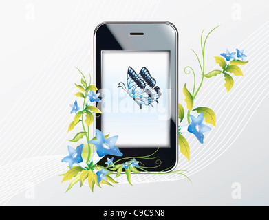 Smart phone with flowers and a blue butterfly Stock Photo - Alamy