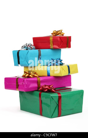 Christmas gift boxes with bows on white background Stock Photo - Alamy