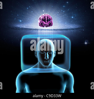 Blue man with head inside cage with brain is outside box and snow Stock ...