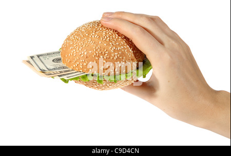 Hamburger with money in hand on white background Stock Photo - Alamy