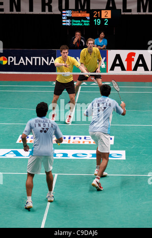 Overview of a men's doubles badminton match Stock Photo - Alamy