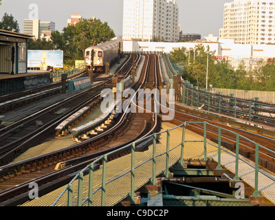 Train above ground on the 7 subway line in Queens, New York Stock Photo ...