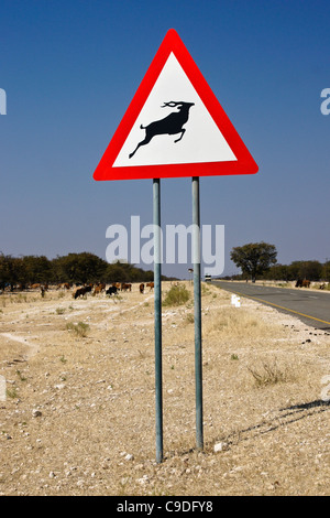 Warning sign for kudu crossing highway, Namibia Stock Photo - Alamy