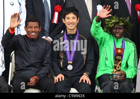(L to R) Arata Fujiwara (JPN), Michael Kipyego (KEN), Stephen Kiprotich ...