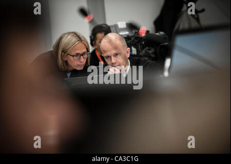 Prosecutor Svein Holden and Inga Bejer Engh during the press conference at the end of day five ...