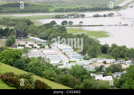 Saturday 9th June 2012. Flooded caravans at a holiday park on the banks ...