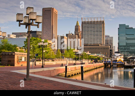 Baltimore skyline seen in the early morning from Baltimore Inner Harbor ...