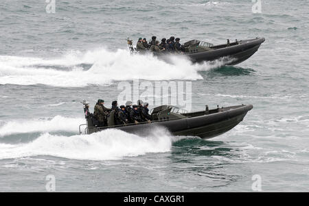 Royal Navy rapid response ribs, boat, speedboats carrying troops from ...