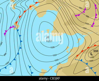 Illustration of a generic weather map showing isobars and weather ...