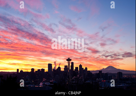 Retro image of Seattle Skyline with silhouetted buildings downtown with ...