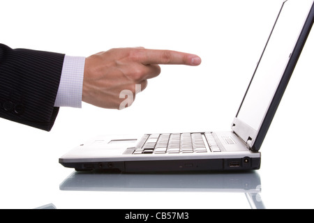 businessman with laptop pointing at the screen Stock Photo - Alamy