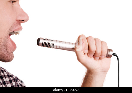 Man with mic isolated on white Stock Photo - Alamy