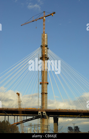 Port Mann cable bridge upper column with crane under construction ...