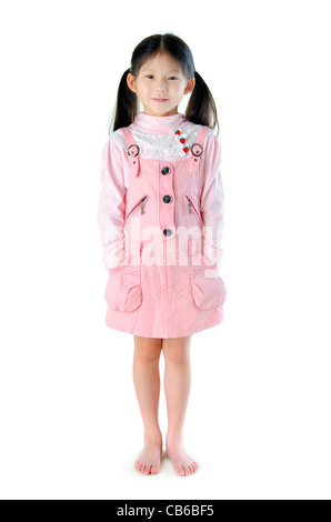 Full body of adorable asian girl thinking and smiling. Thoughtful child ...