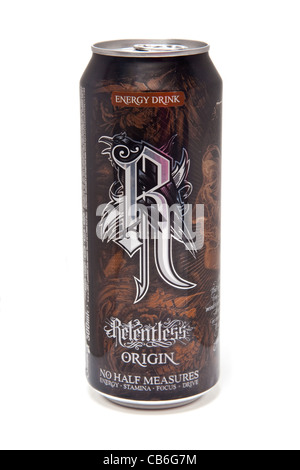 Can of Relentless energy drink isolated on a white studio background ...