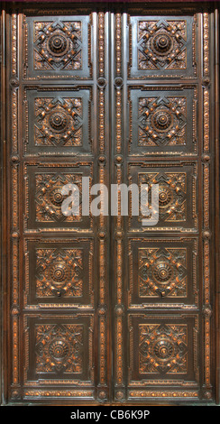 Beautiful old wooden brown door with handle in ancient city of Antalya ...