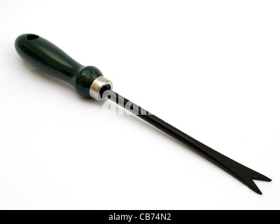 Garden weed removal hand tool with wooden handle. Top view isolated on ...