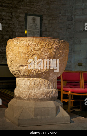 The 12th century Norman font, interior of Brecon Cathedral, Brecon ...