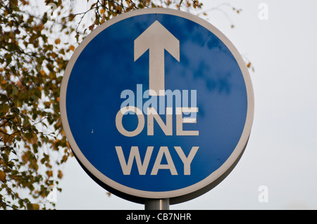 One Way Highway Code sign (blue circle with white arrow) for road users ...