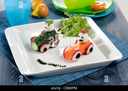 Cars made out of vegetables, children food, step by step Stock Photo ...