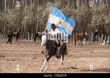A Gaucho with Argentinian flag riding a horse in exhibitions for Stock ...