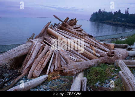 Evening beach shot of a rustic lean-to structure on Victoria Island ...