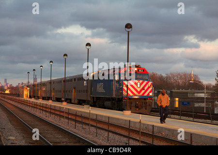 Metra commuter train at the Oak Park, Illinois station. Union Pacific West LIne. 350 refers to ...
