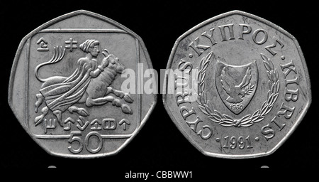 Obverse side of Cyprus 50 fifty cents banknote currency issued 1989 by ...