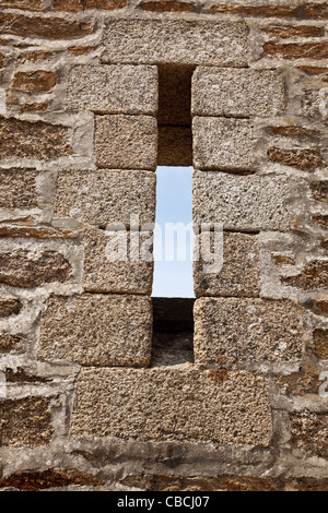 An arrow slit or arrowslit at the ancient Castle in Old Town Rhodes on ...
