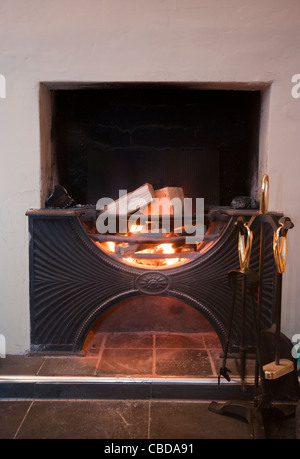 Open log fire with logs burning and fireguard on the hearth in cosy ...