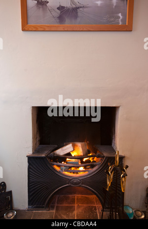Open log fire with logs burning and fireguard on the hearth in cosy ...
