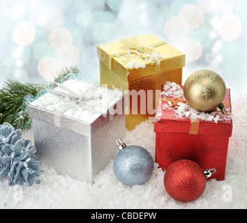 Shiny christmas gift boxes. Christmas decoration ornaments on white ...