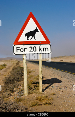 Brown Hyena road warning sign on B4 road between Aus and Luderitz ...