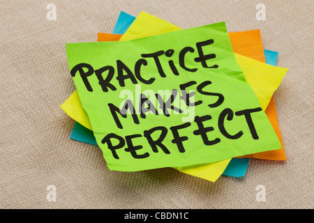 practice makes perfect - a motivational slogan on a green stocky note ...