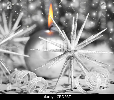 White candle on holiday silver background, Christmas concept Stock ...