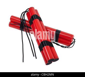 Bundle of red sticks of dynamite with long fuses with a timer alarm ...