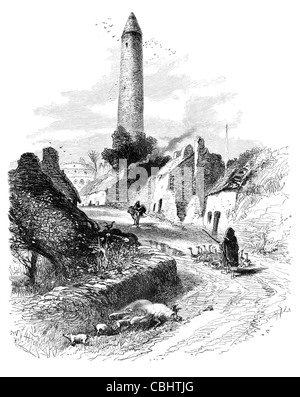 Killala County Mayo west Ireland round tower flock geese road Eire ...